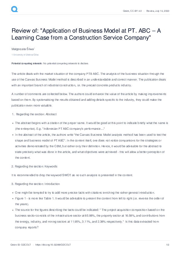 (PDF) Review of: "Application of Business Model at PT. ABC – A Learning Case from a Construction ...