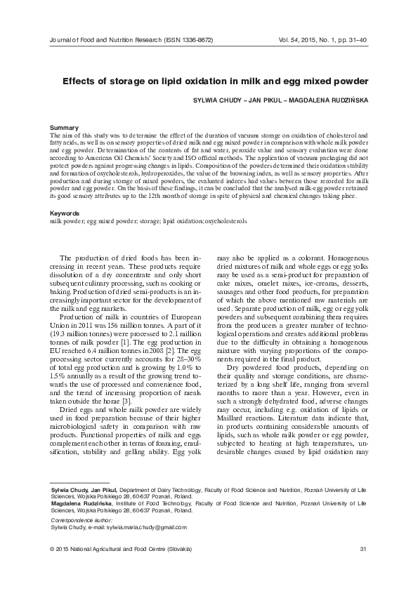 (PDF) Storage Impact on Lipid Oxidation in Milk-Egg Powder