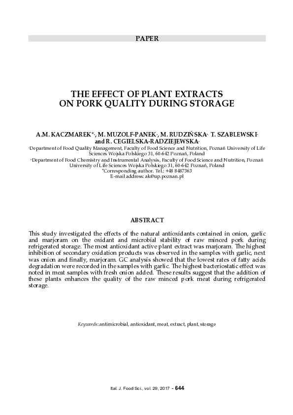 (PDF) The Effect of Plant Extracts on Pork Quality During Storage