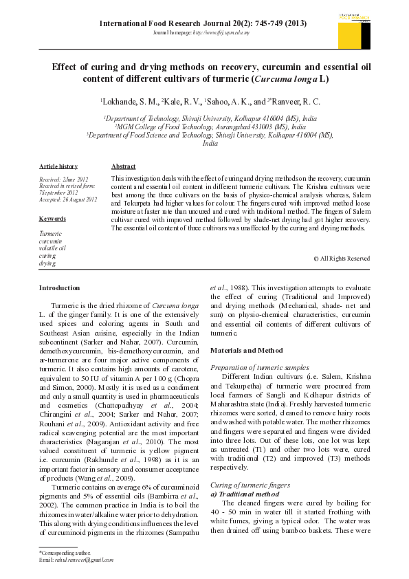(PDF) Effect of curing and drying methods on recovery, curcumin and ...