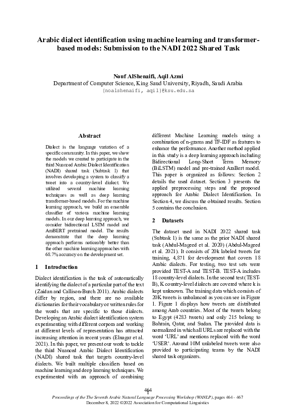 (PDF) Arabic dialect identification using machine learning and transformer-based models ...