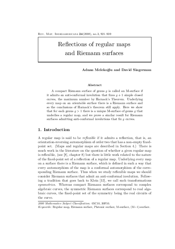 (PDF) Reflections of regular maps and Riemann surfaces