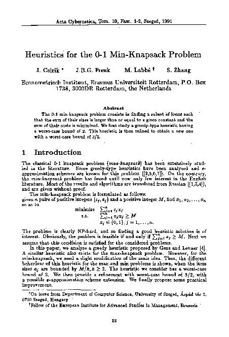 (PDF) Heuristics for the 01 min-knapsack problem