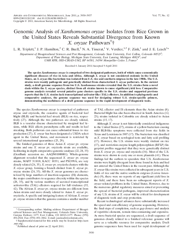 (PDF) Genomic Analysis of Xanthomonas oryzae Isolates from Rice Grown ...