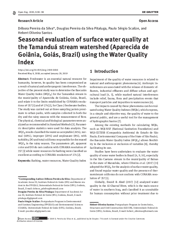 Pdf Seasonal Evaluation Of Surface Water Quality At The Tamanduá Stream Watershed Aparecida