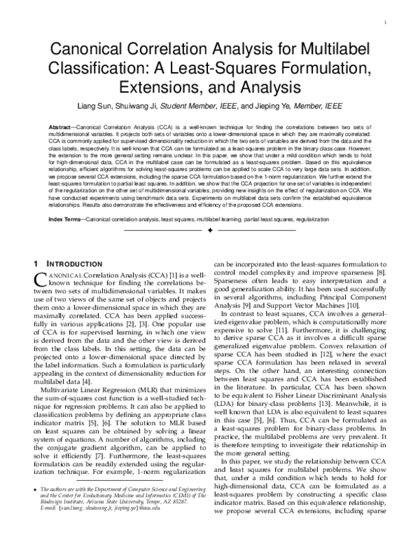 Pdf Multilabel Cca Least Squares Formulation And Extensions