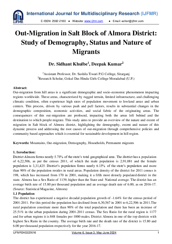 (PDF) Out-Migration in Salt Block of Almora District: Study of Demography, Status and Nature of ...