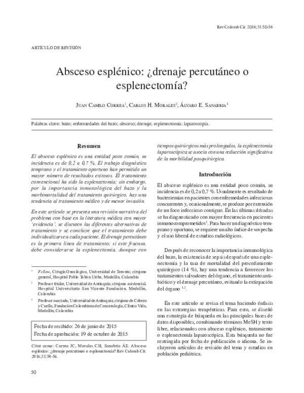 (PDF) Absceso esplénico: ¿drenaje percutáneo o esplenectomía?