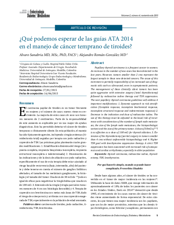 (PDF) ¿Qué podemos esperar de las guías ATA 2014 en el manejo de cáncer ...