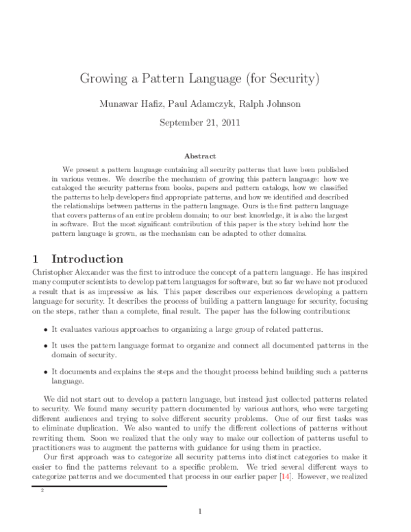 (PDF) Growing a pattern language (for security)