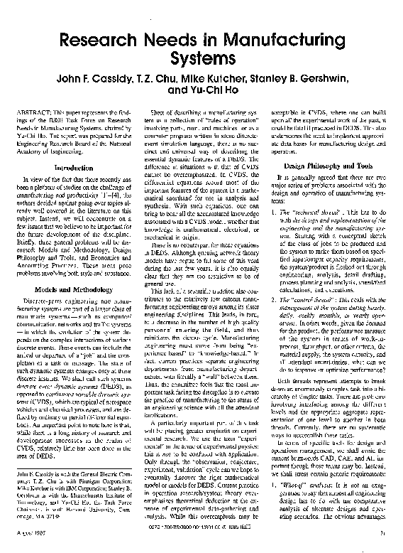 (PDF) Research needs in manufacturing systems