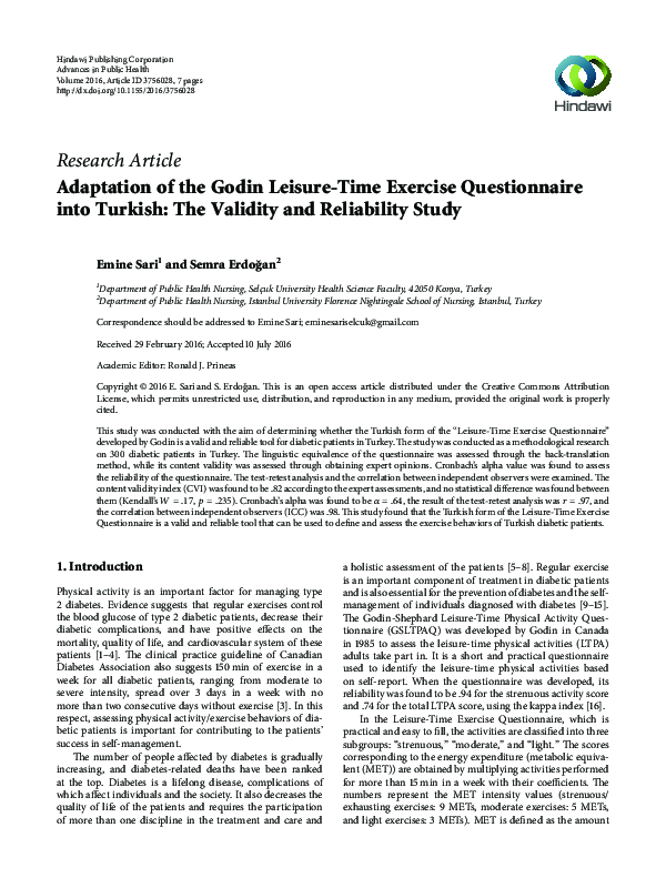 (PDF) Adaptation of the Godin Leisure-Time Exercise Questionnaire into Turkish: The Validity and ...