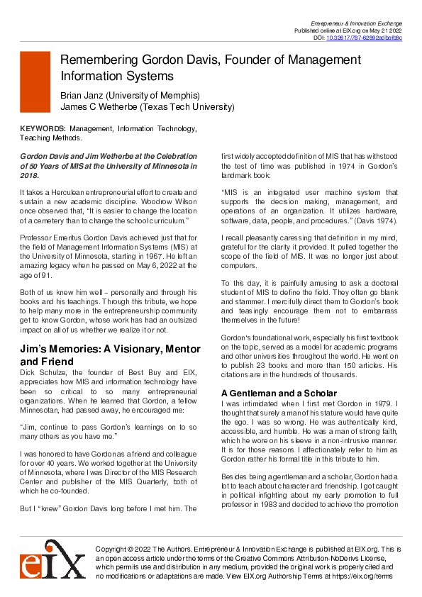 (PDF) Remembering Gordon Davis, Founder of Management Information Systems