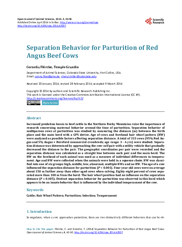 (PDF) Separation Behavior for Parturition of Red Angus Beef Cows