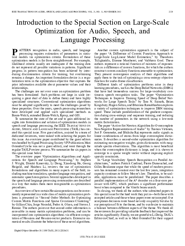 (PDF) Introduction to the Special Section on Large-Scale Optimization for Audio, Speech, and ...