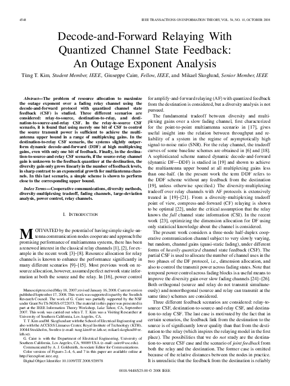 (PDF) Decode-and-Forward Relaying With Quantized Channel State Feedback: An Outage Exponent Analysis