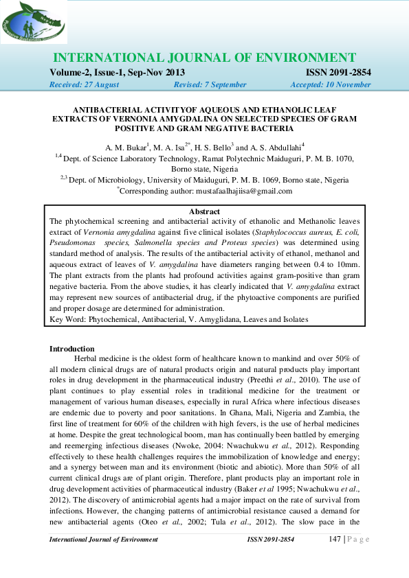 (PDF) Antibacterial Activityof Aqueous And Ethanolic Leaf Extracts Of Vernonia Amygdalina On ...