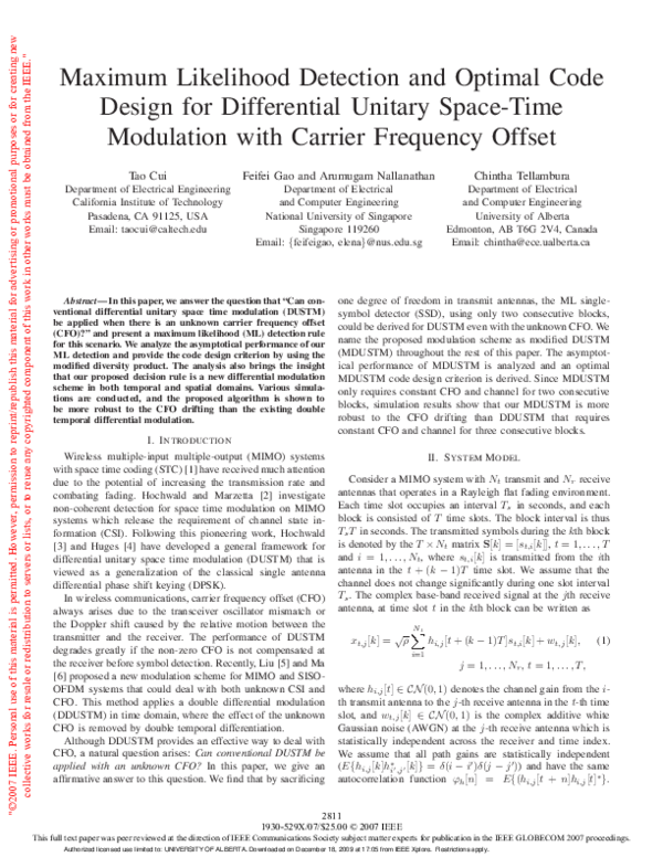 (PDF) Maximum Likelihood Detection and Optimal Code Design for Differential Unitary Space-Time ...