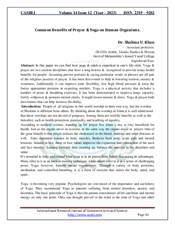 (PDF) Common Benefits of Prayer & Yoga on Human Organisms