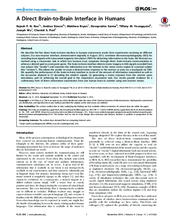 (PDF) A Direct Brain-to-Brain Interface in Humans
