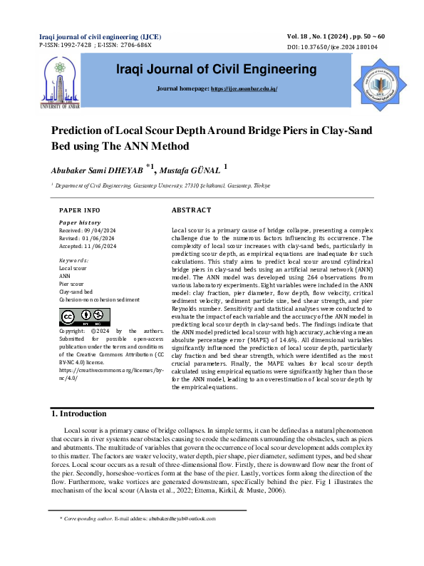 (PDF) Prediction of Local Scour Depth Around Bridge Piers in Clay-Sand Bed using The ANN Method