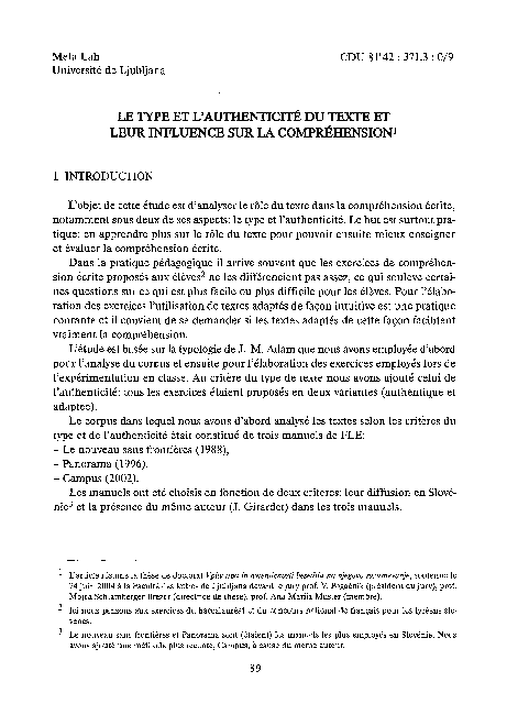 (PDF) Le type et l'authenticité du texte et leur influence sur la compréhension | Meta Lah ...