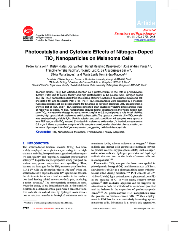 (PDF) Photocatalytic and Cytotoxic Effects of Nitrogen-Doped TiO₂ Nanoparticles on Melanoma ...