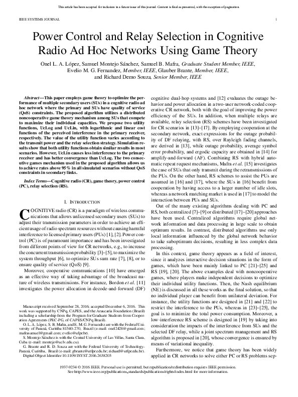 Pdf Power Control And Relay Selection In Cognitive Radio Ad Hoc Networks Using Game Theory