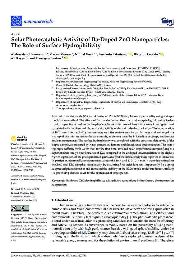 (PDF) Solar Photocatalytic Activity of Ba-Doped ZnO Nanoparticles: The Role of Surface ...