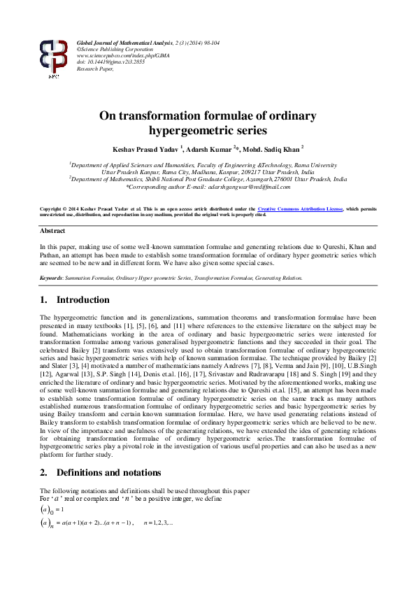 (PDF) On transformation formulae of ordinary hypergeometric series