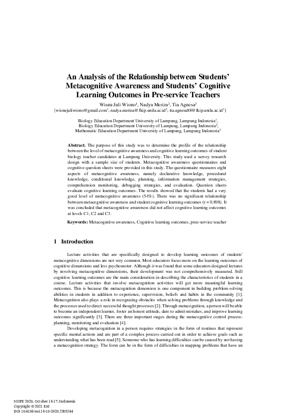 (PDF) An Analysis of the Relationship between Students’ Metacognitive ...