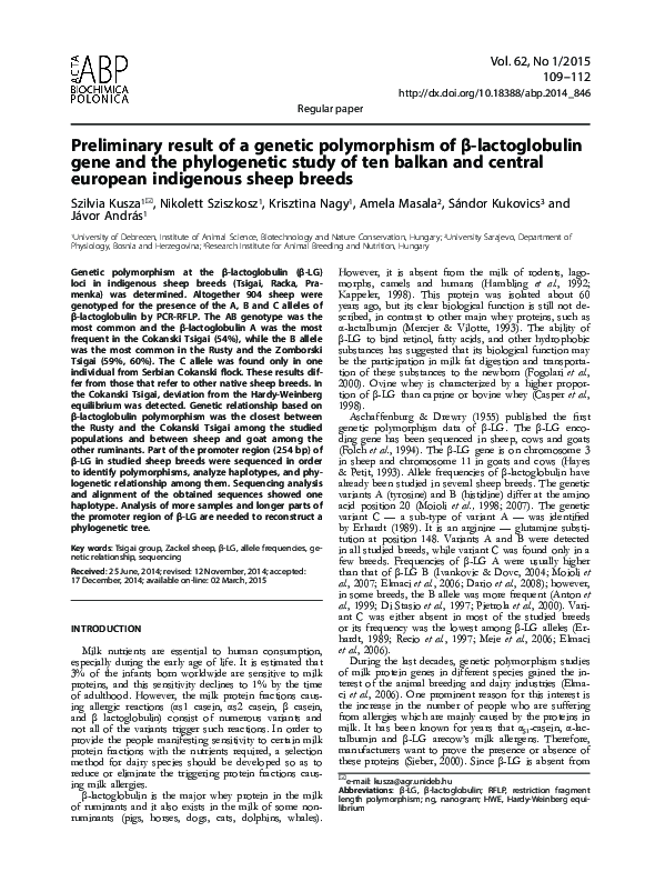 (PDF) Preliminary result of a genetic polymorphism of β-lactoglobulin ...