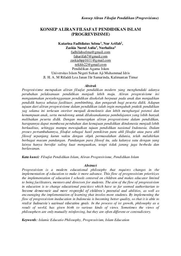 (PDF) KONSEP ALIRAN FILSAFAT PENDIDIKAN ISLAM (PROGREVISISME)