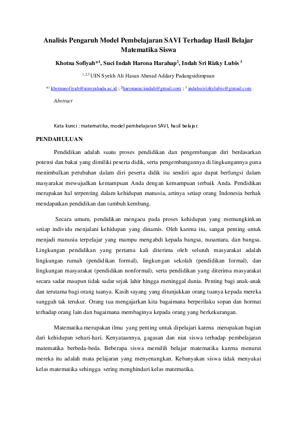 (PDF) Analisis Pengaruh Model Pembelajaran SAVI Terhadap Hasil Belajar Matematika Siswa