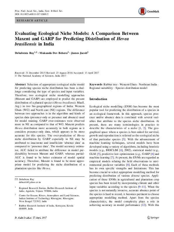 (PDF) Evaluating Ecological Niche Models: A Comparison Between Maxent ...