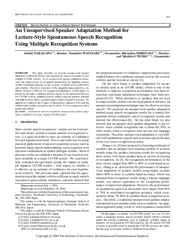 (PDF) Unsupervised Speaker Adaptation for Speech Recognition