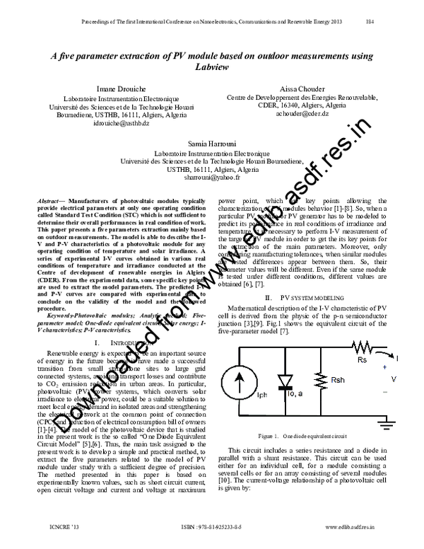 Pdf A Five Parameter Extraction Of Pv Module Based On Outdoor Measurements Using Labview