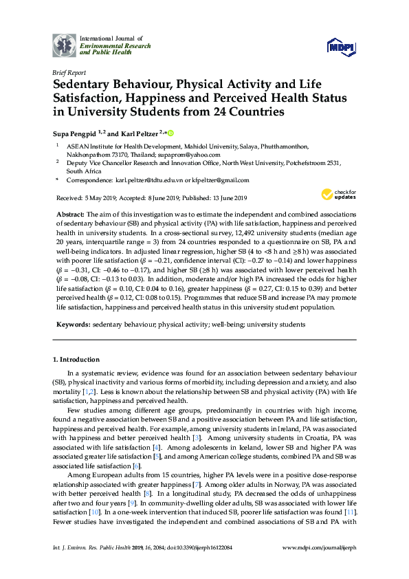 (PDF) Sedentary Behaviour, Physical Activity and Life Satisfaction, Happiness and Perceived ...