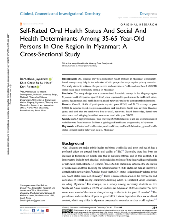 (PDF) Self-Rated Oral Health Status And Social And Health Determinants Among 35-65 Year-Old ...