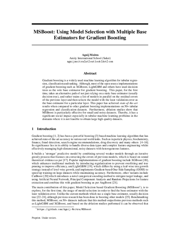 (PDF) MSBoost: Using Model Selection with Multiple Base Estimators for Gradient Boosting