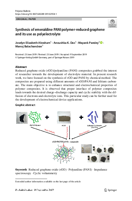 Pdf Synthesis Of Emeraldine Pani Polymer Reduced Graphene And Its Use As Polyelectrolyte
