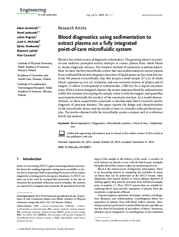 (PDF) Blood diagnostics using sedimentation to extract plasma on a fully integrated point-of ...