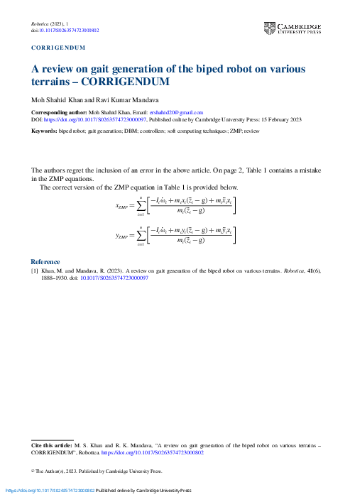 (PDF) A review on gait generation of the biped robot on various terrains – CORRIGENDUM