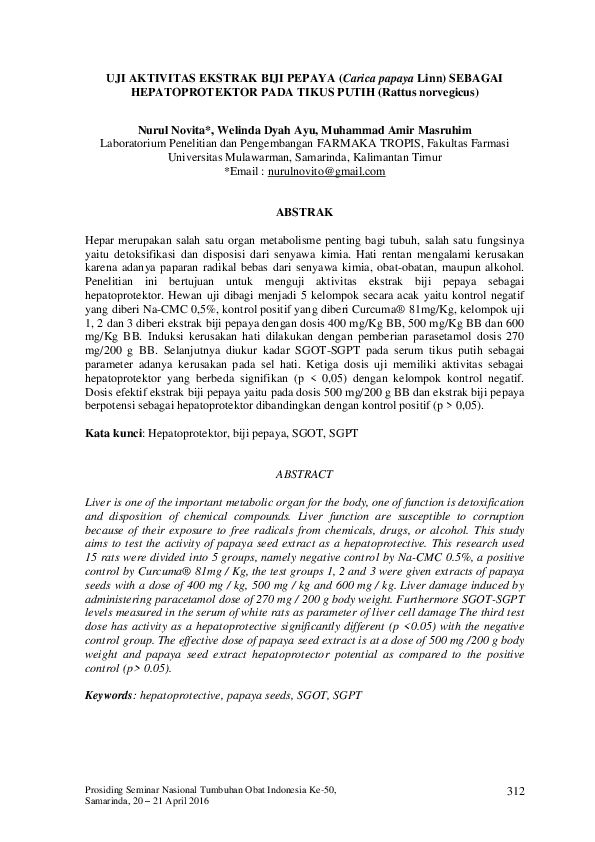(PDF) Uji Aktivitas Ekstrak Biji Pepaya (Carica papaya Linn) sebagai Hepatoprotektor pada Tikus ...