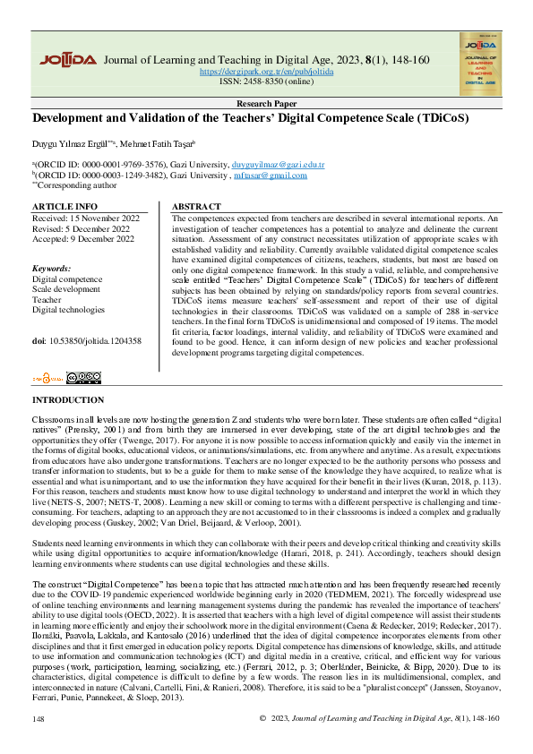 (PDF) Development and Validation of the Teachers’ Digital Competence Scale (TDiCoS)