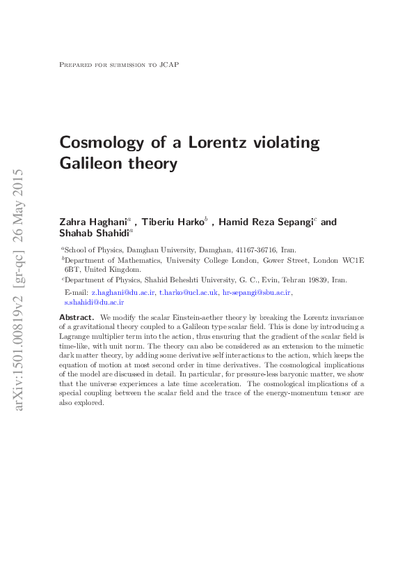 (PDF) Cosmology of a Lorentz violating Galileon theory