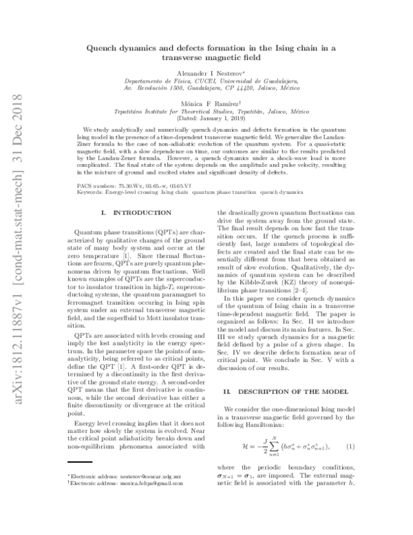 (PDF) Quench dynamics and defects formation in the Ising chain in a ...