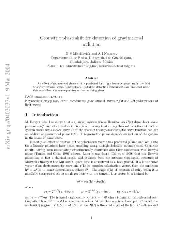(PDF) Geometric phase shift for detection of gravitational radiation