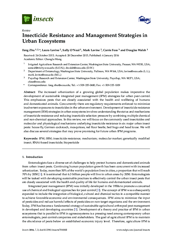 (PDF) Insecticide Resistance and Management Strategies in Urban Ecosystems
