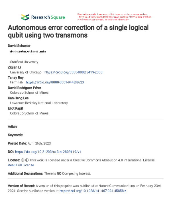 (PDF) Autonomous error correction of a single logical qubit using two transmons